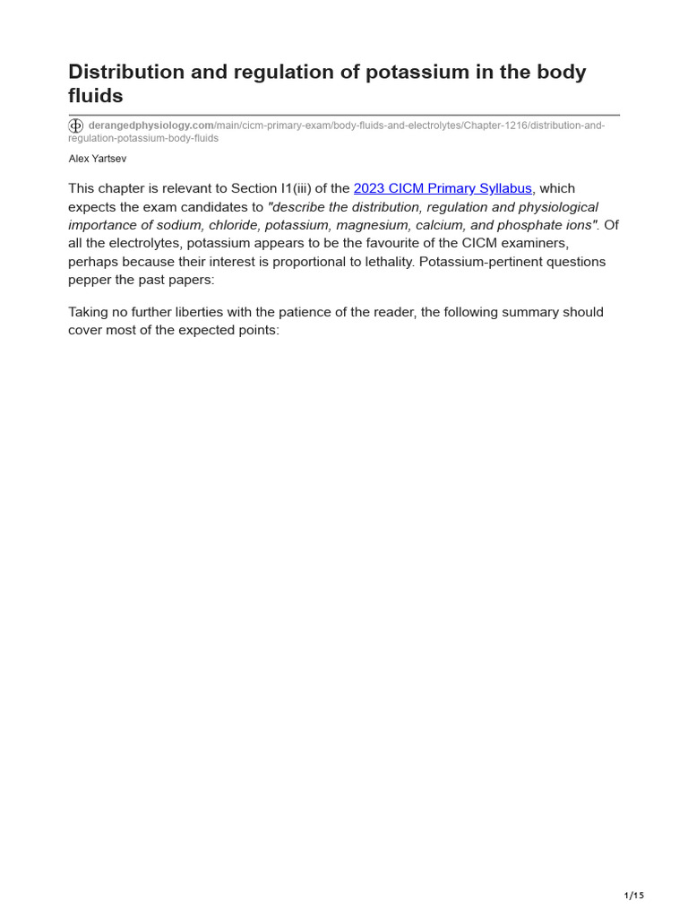 Potassium Distribution and Regulation in Body Fluids | PDF | Potassium ...