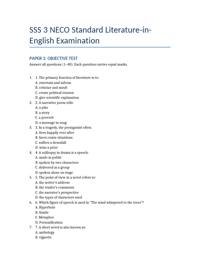 NECO Literature in English SSS3 | PDF | Poetry | Literary Theory