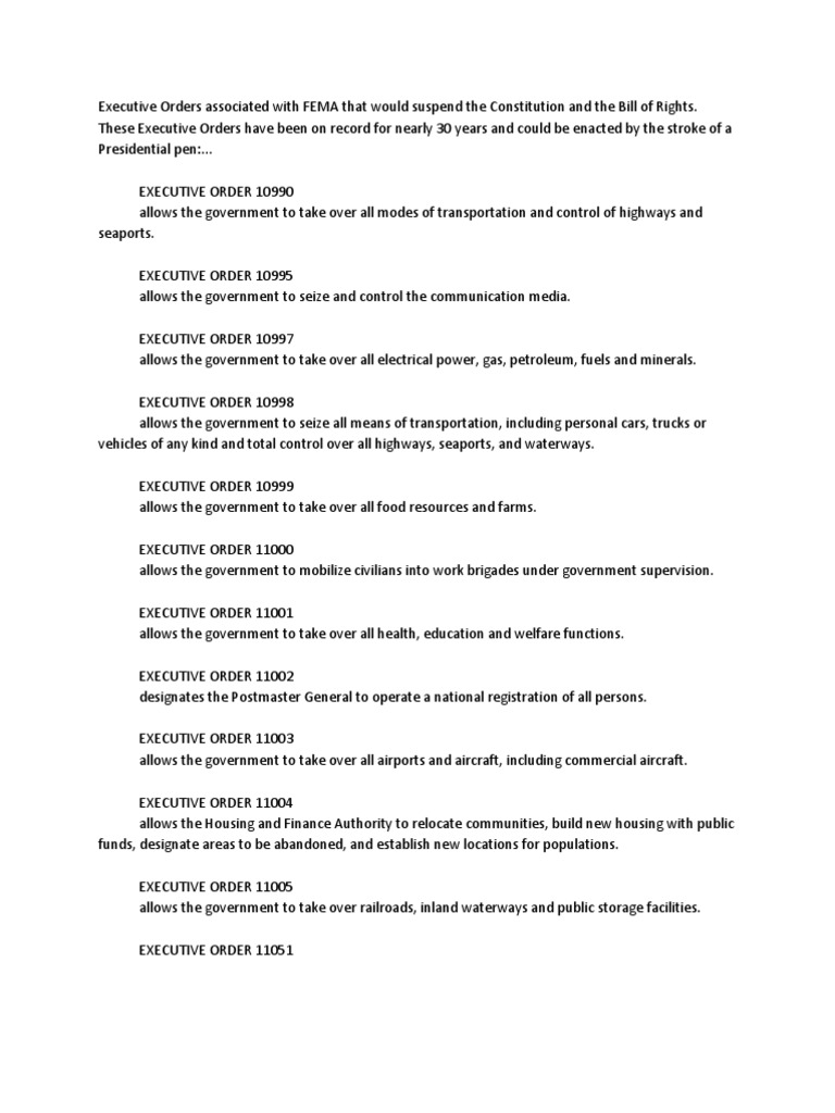 Executive Orders Associated With FEMA That Would Suspend The ...