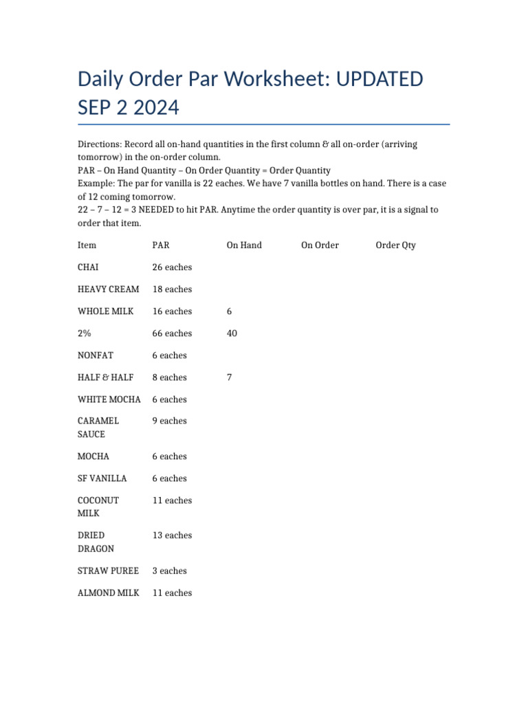 Daily Order Par Worksheet | PDF