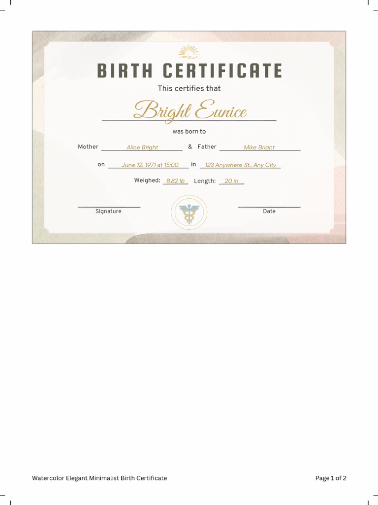 Watercolor Elegant Minimalist Birth Certificate | PDF