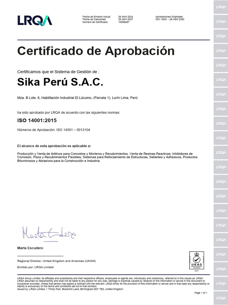 Certificado ISO 14001 2015 Sika Perú SAC Vigencia 25-04-2024 | PDF
