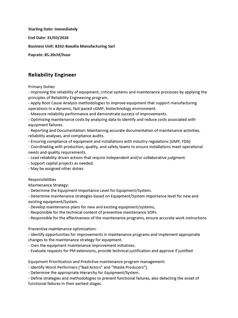 Reliability Engineer - Takeda Contracting | PDF | Reliability ...