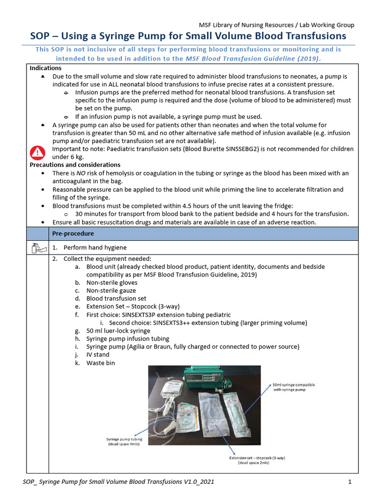 SOP for Syringe Pump Blood Transfusions | PDF | Blood Transfusion ...
