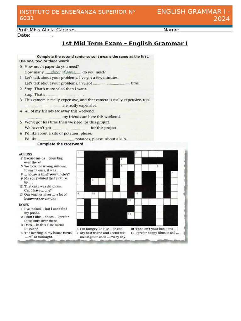 01st Mid Term Exam - Parcial Grammar I+ | PDF