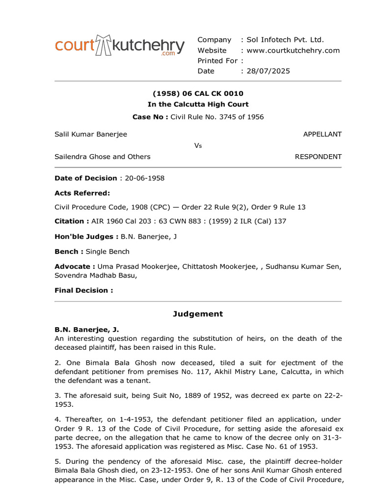 Salil Kumar Banerjee Vs Sailendra Ghose and Others | PDF | Lawsuit ...