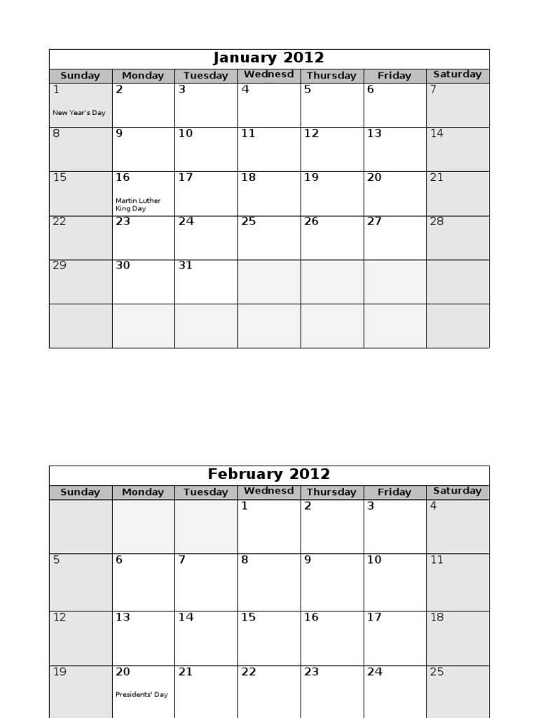 January 2012: Sunday Monday Tuesday Wednesd Ay Thursday Friday Saturday ...
