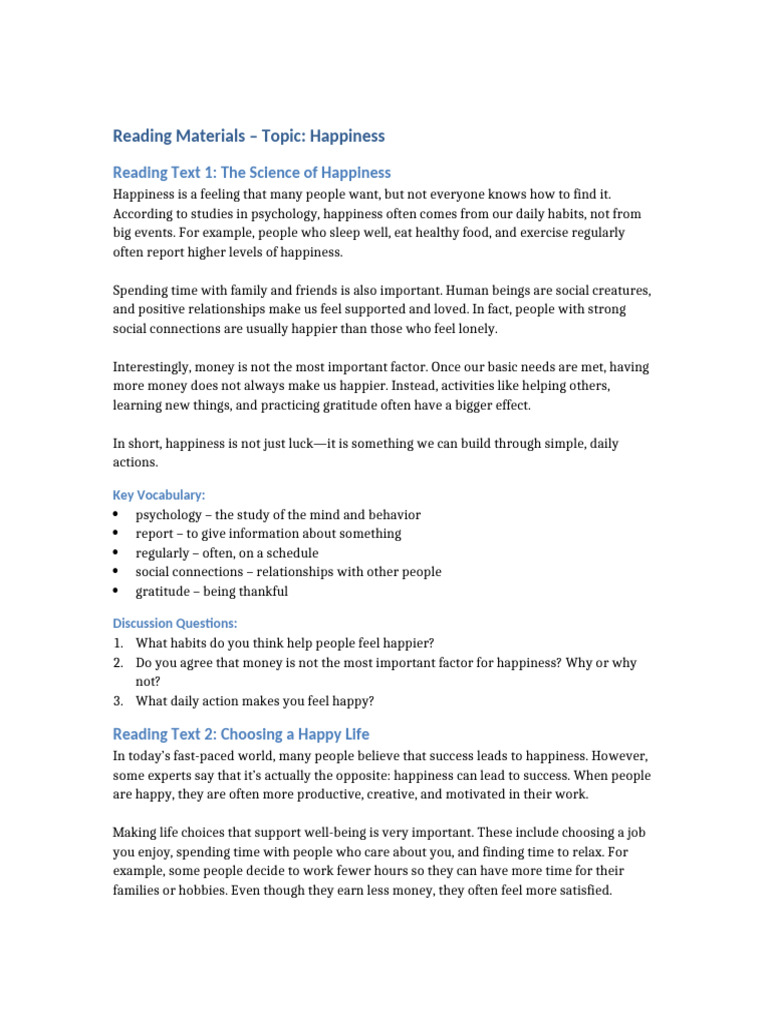 Reading Materials Happiness A2 | PDF | Happiness | Gratitude