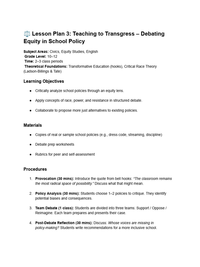 Lesson Plan 3 - Teaching To Transgress - Debating Equity in School ...