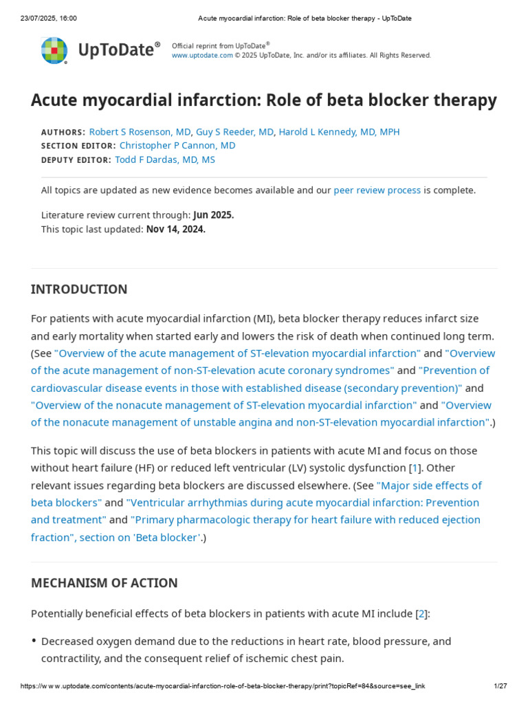 Acute Myocardial Infarction - Role of Beta Blocker Therapy - UpToDate ...