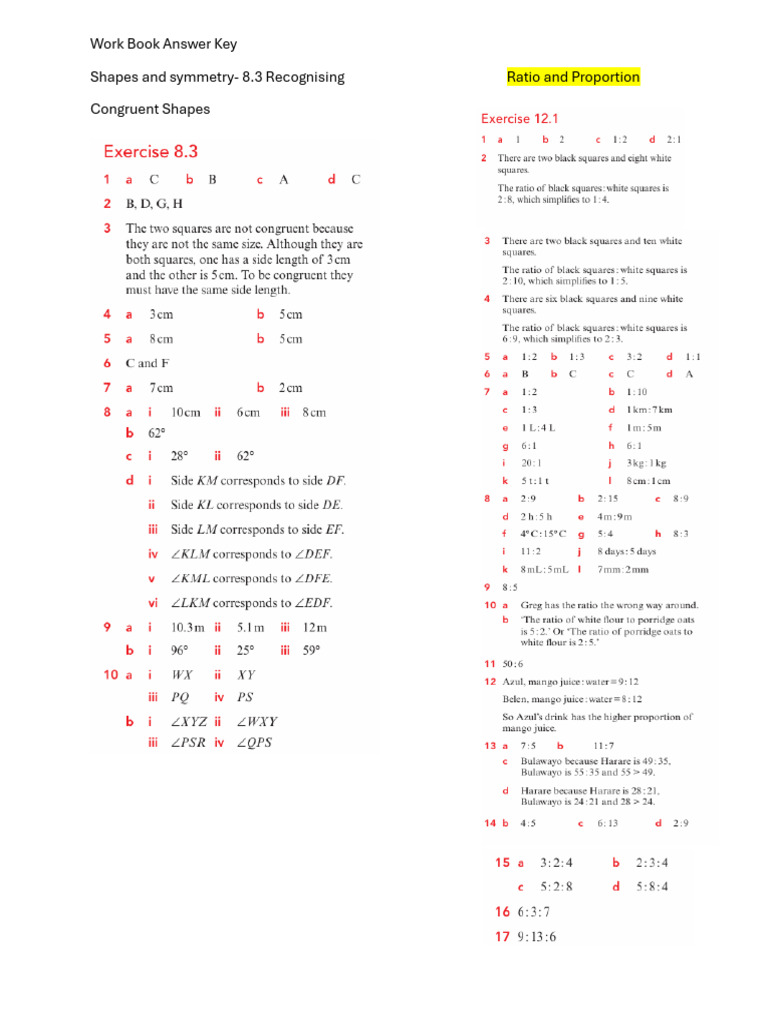 Work Book Answer Key 8.3 Ratio and ProportionYr 7 | PDF
