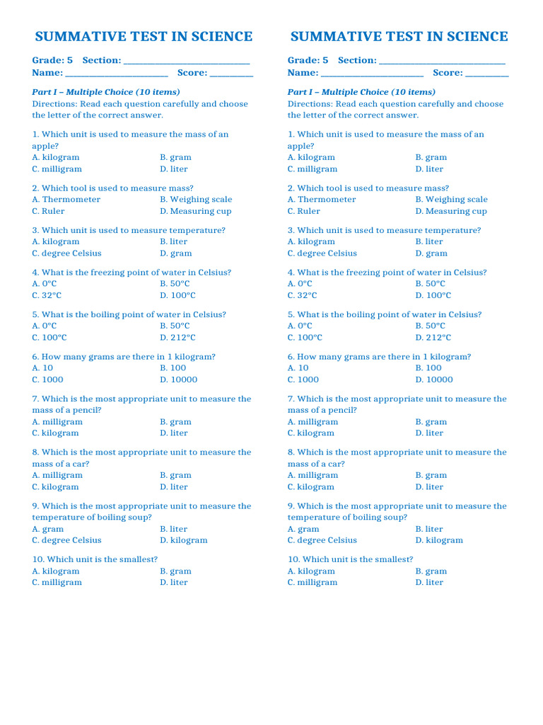 Summ Test Science 5 q1 w7 | PDF | Celsius | Temperature
