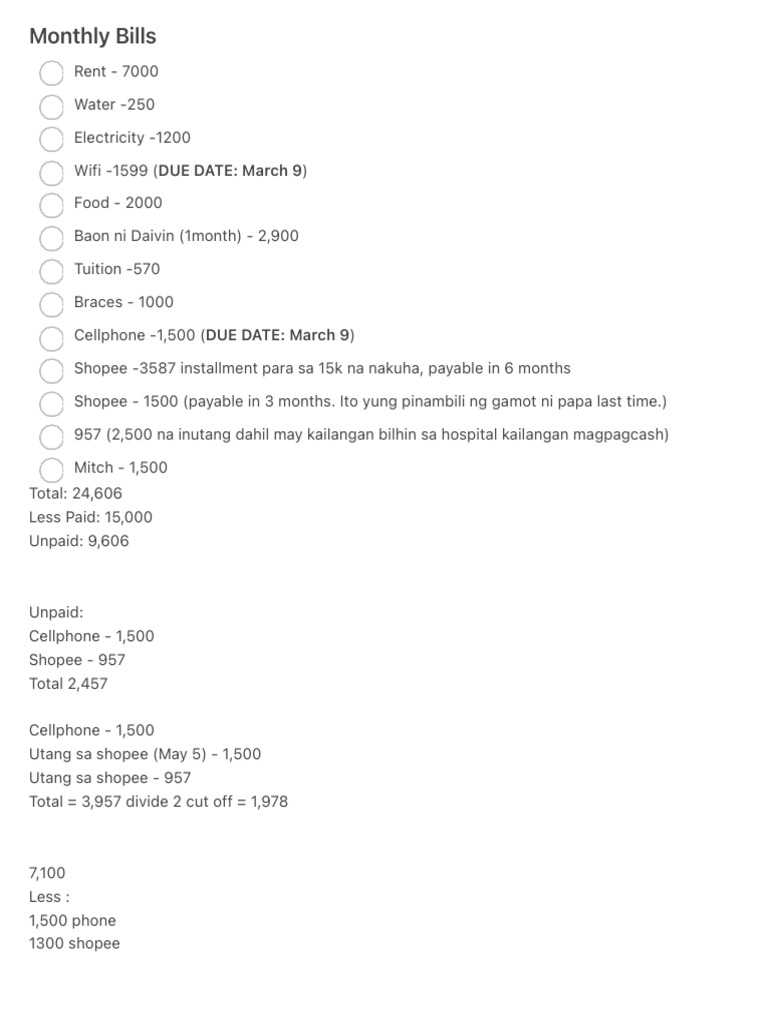 Monthly Bills 2 | PDF