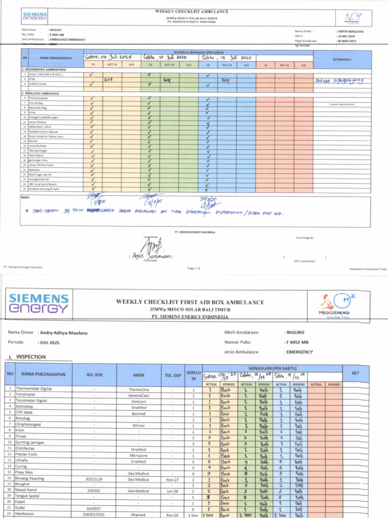 Weekly Checklist Ambulance - 3rd Week of July | PDF