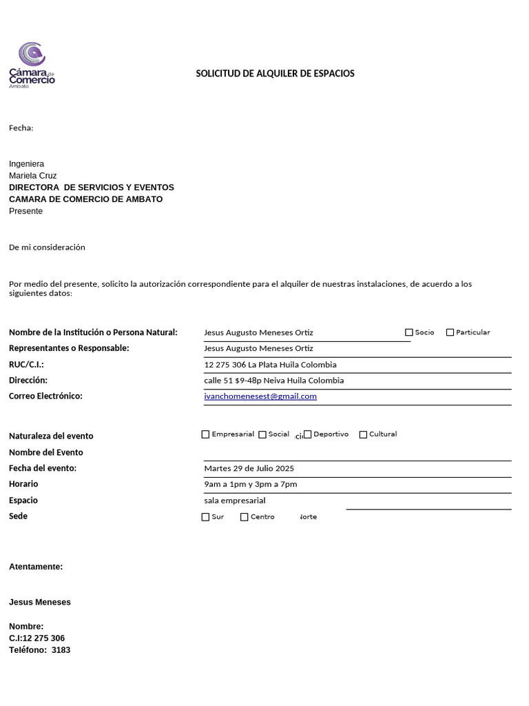Solicitud de Alquiler de Espacios para Evento | PDF