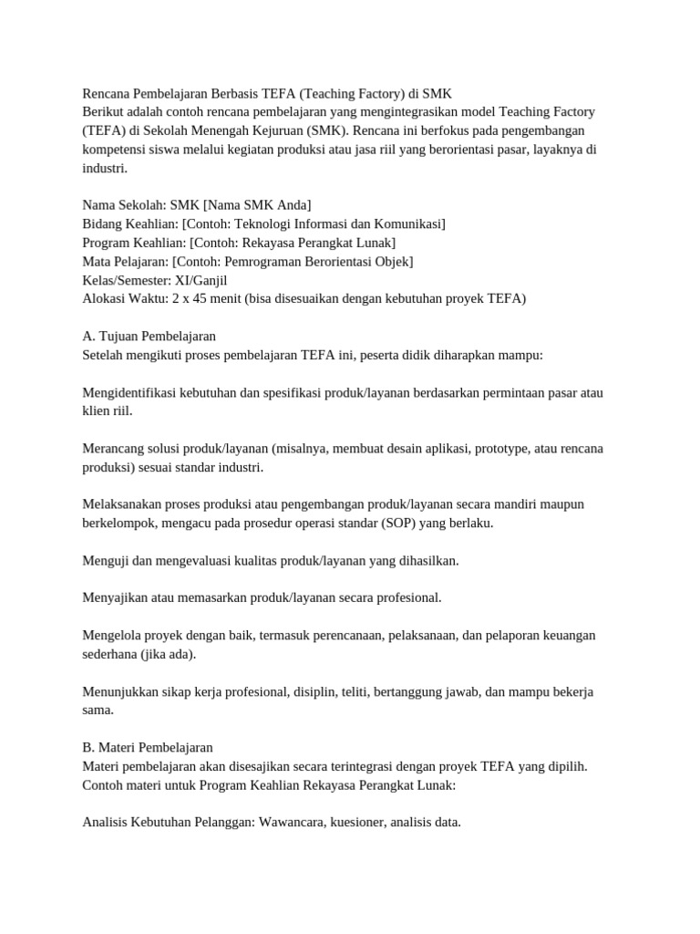 Rencana Pembelajaran Berbasis TEFA | PDF