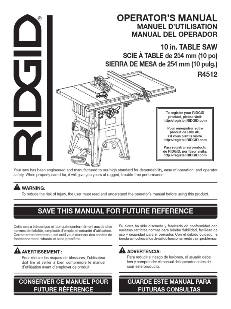 RIDGID 10in Table Saw R4512 - 988 - Trilingual | PDF | Electrical ...