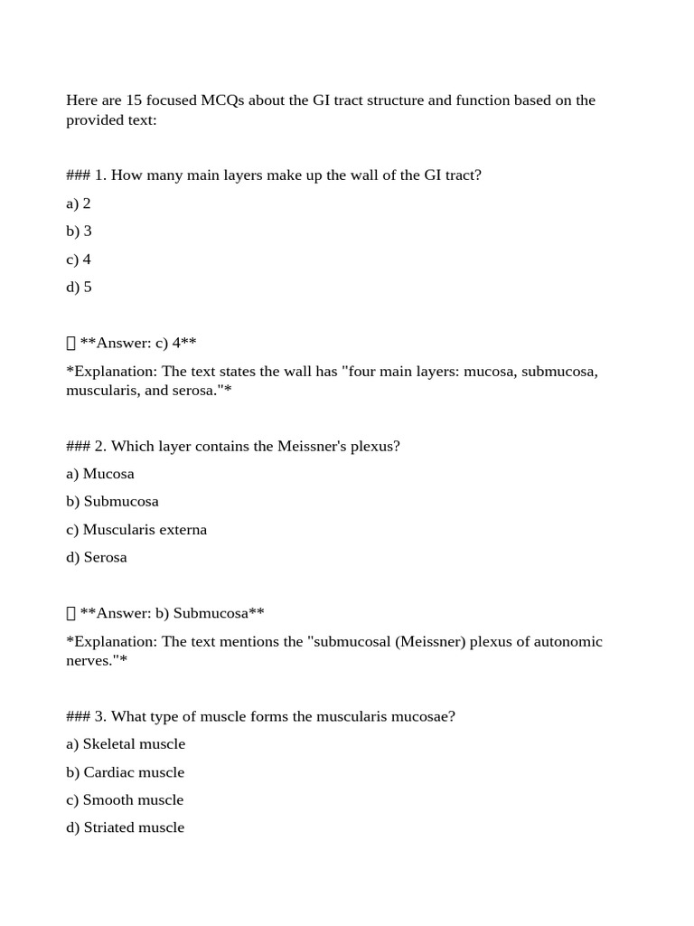 Digestive System MCQs and Answers | PDF | Stomach | Epithelium