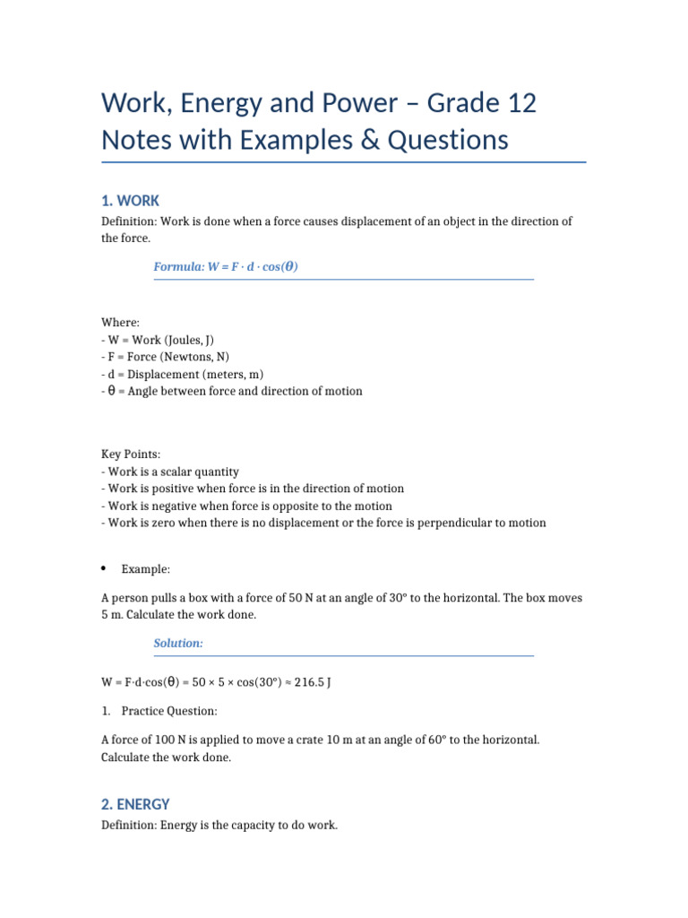 Grade 12 Work, Energy, and Power Guide | PDF | Force | Kinetic Energy