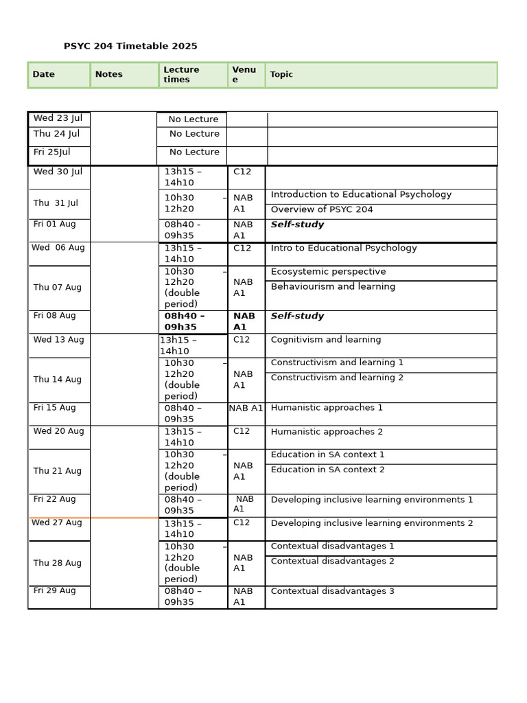 PSYC 204 Educational Psychology Timetable | PDF | Psychology ...