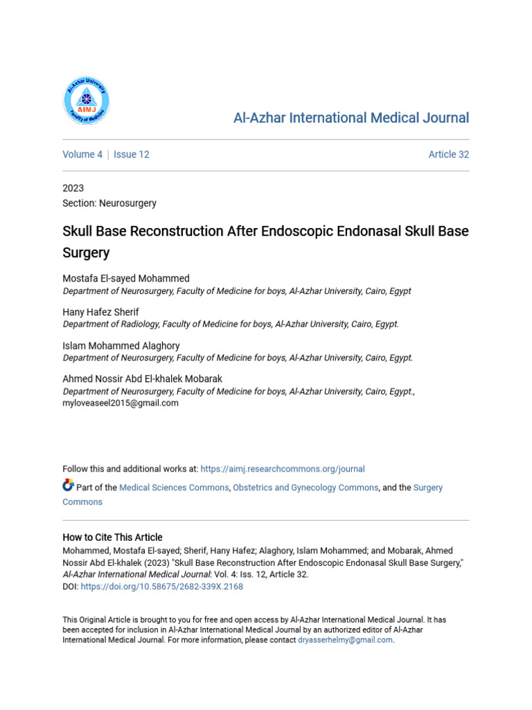 Skull Base Reconstruction After Endoscopic Endonasal Skull Base S | PDF ...