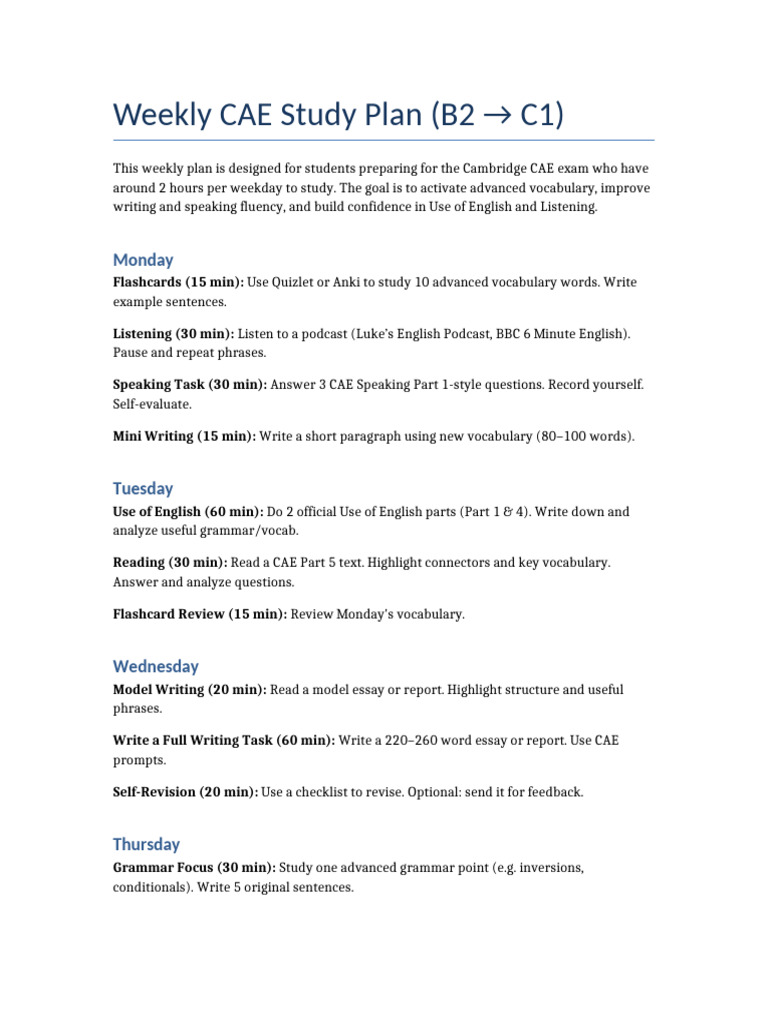 Weekly CAE Study Plan for C1 Activation | PDF