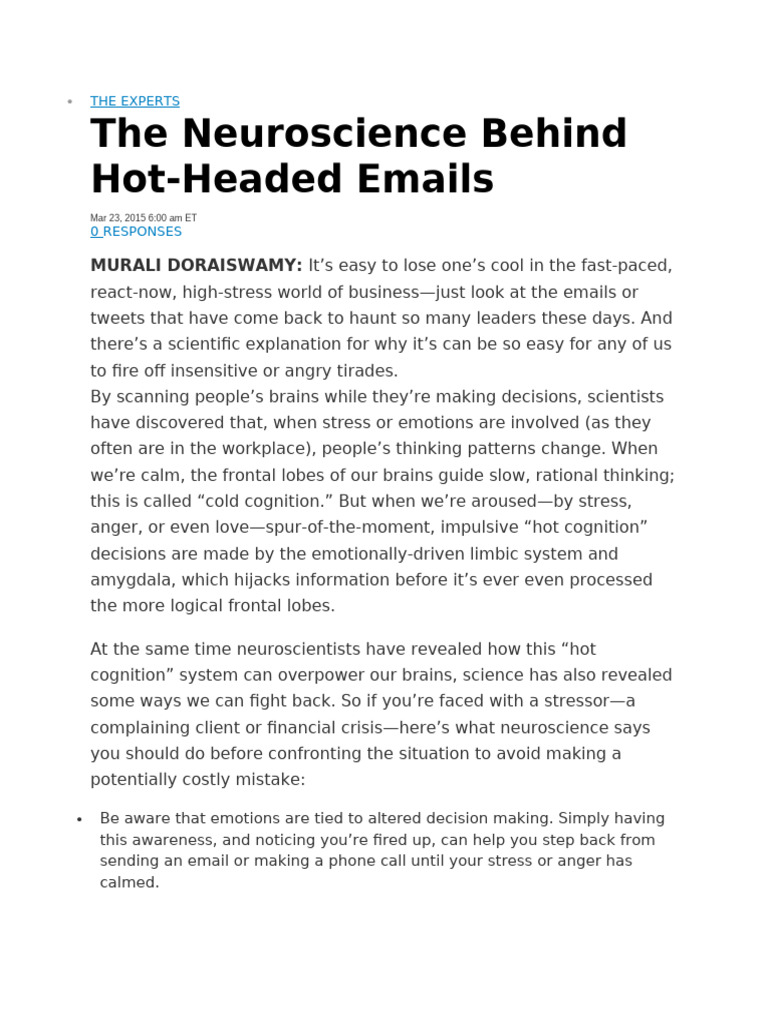 Neuroscience of Hot-Headed Emails | PDF | Emotions | Anger