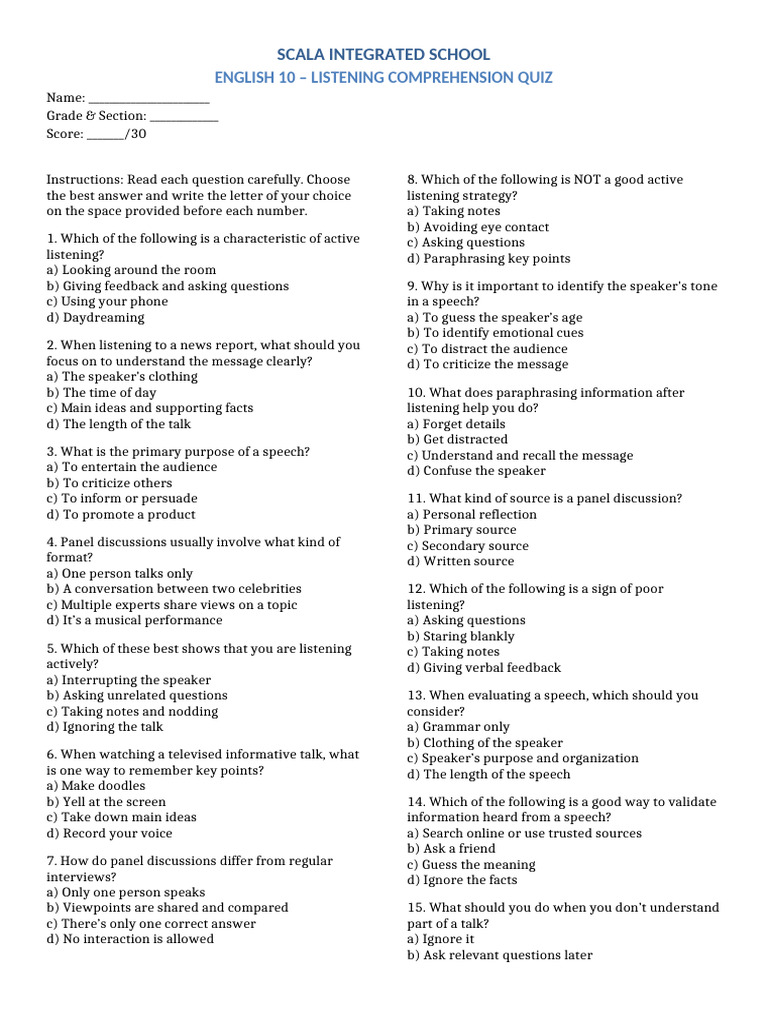 Active Listening Quiz EN10 | PDF | Cognitive Science | Learning