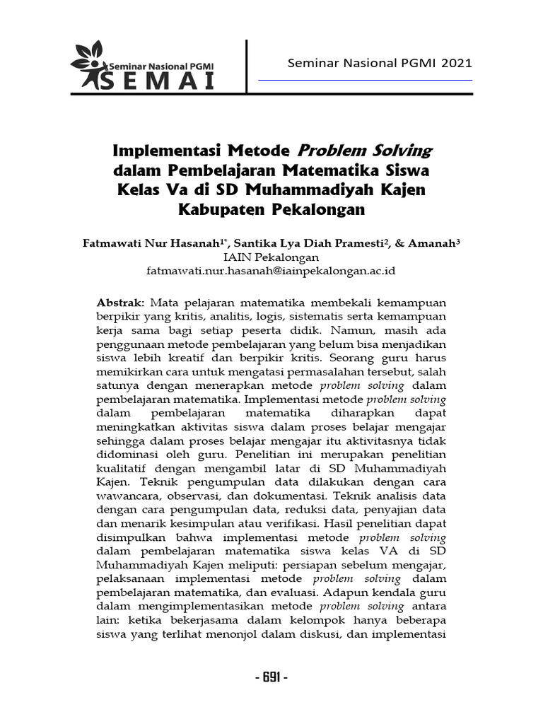 Implementasi Metode Problem Solving Dalam Pembelajaran Matematika | PDF