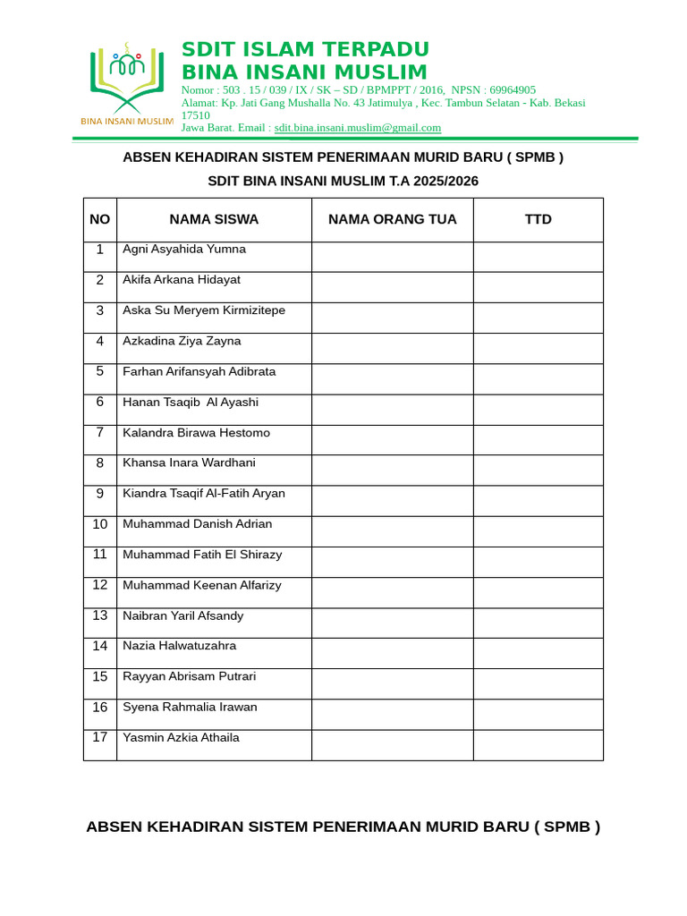 Absen Kehadiran Sistem Penerimaan Murid Baru | PDF