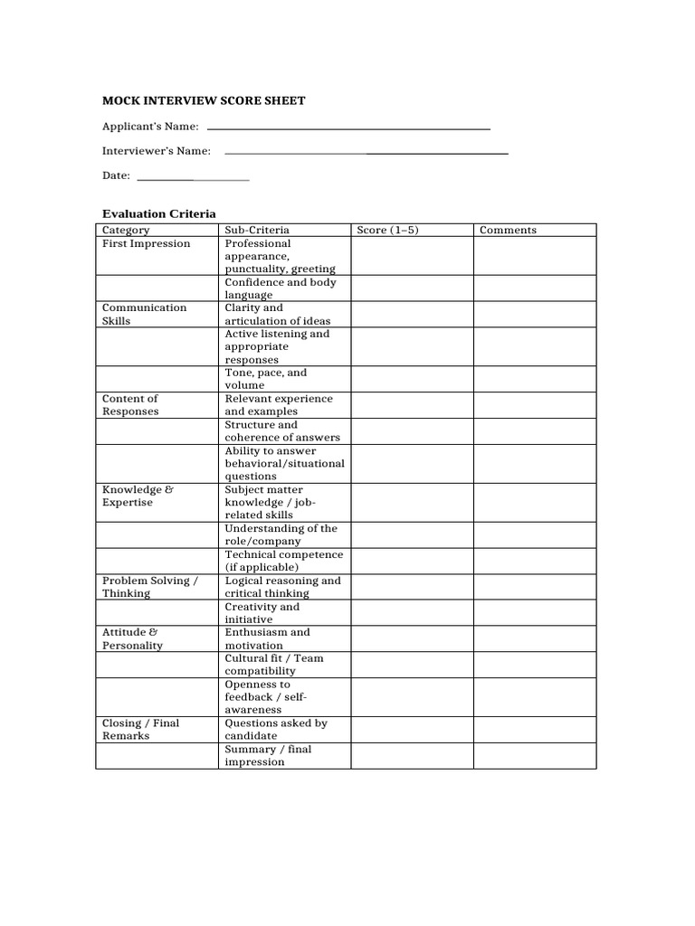 Mock Interview Score Sheet Template | PDF