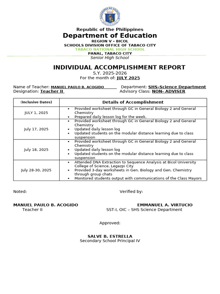 Monthly Accomplishment Report: Teachers | PDF | Schools | Educational ...