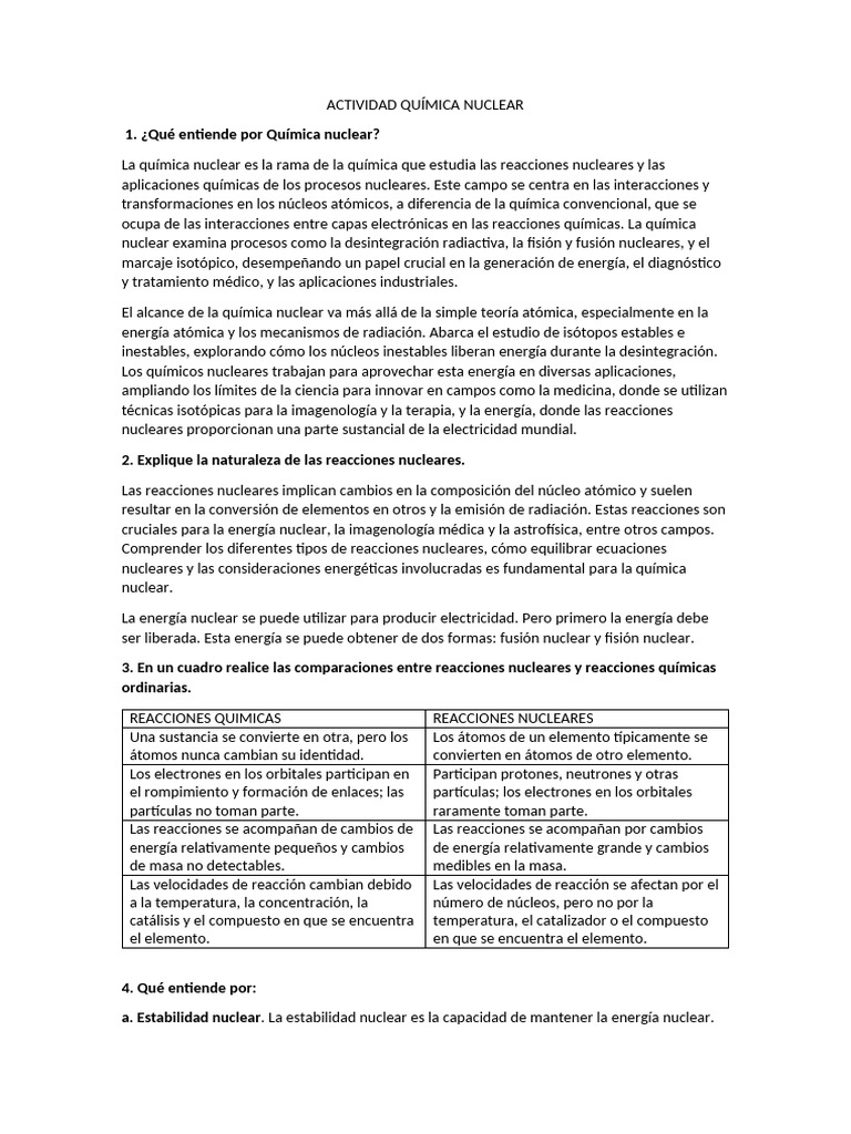 Actividad Química Nuclear | PDF | La energía nuclear | Desintegración ...