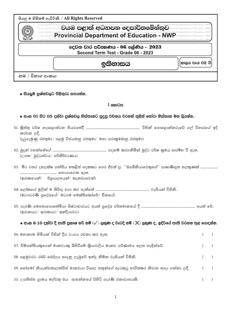 Grade 6 History Past Papers Collection | PDF