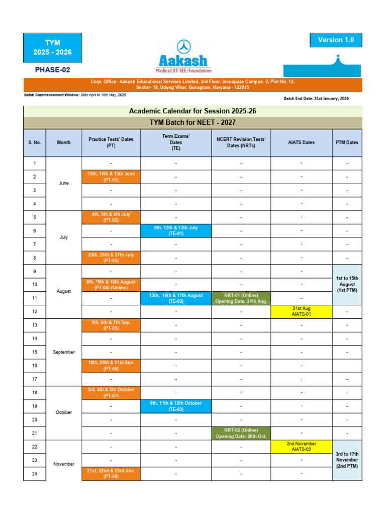 Academic Calendar TYM Phase-02 2025-26 Version 1.0 | PDF | Battles | Military Operations