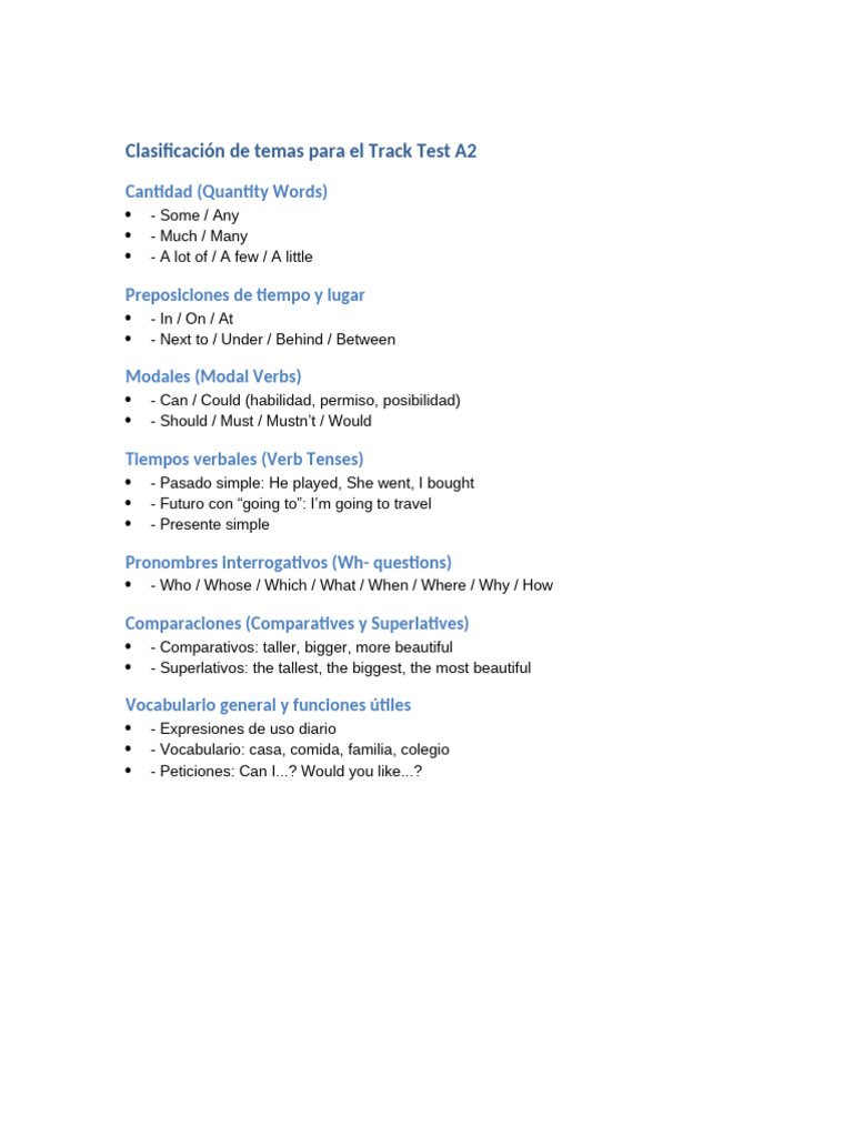 Temas Track Test A2 Clasificados | PDF