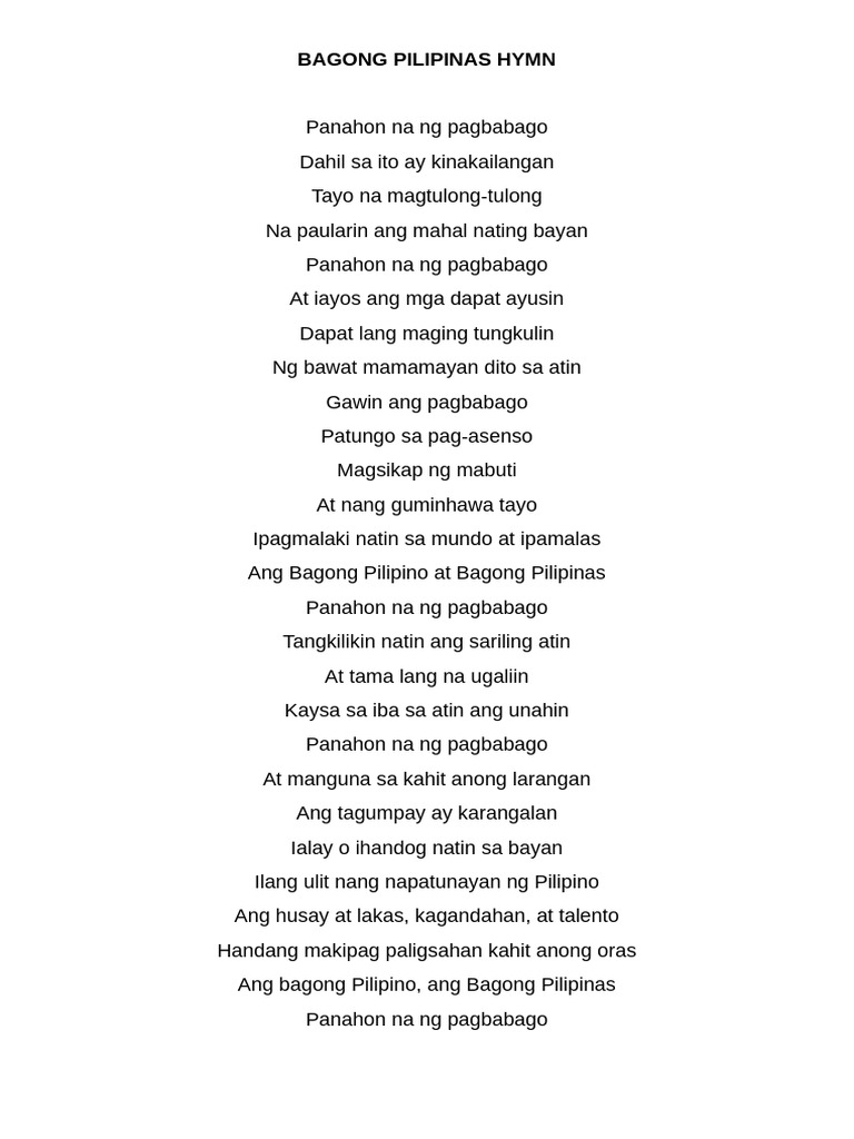 Bagong Pilipinas Hymn Lyrics | PDF