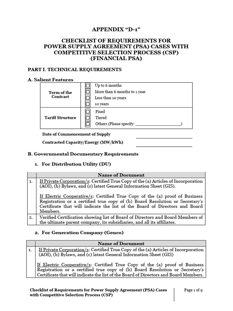 Power Supply Agreement Checklist for CSP | PDF | Affidavit