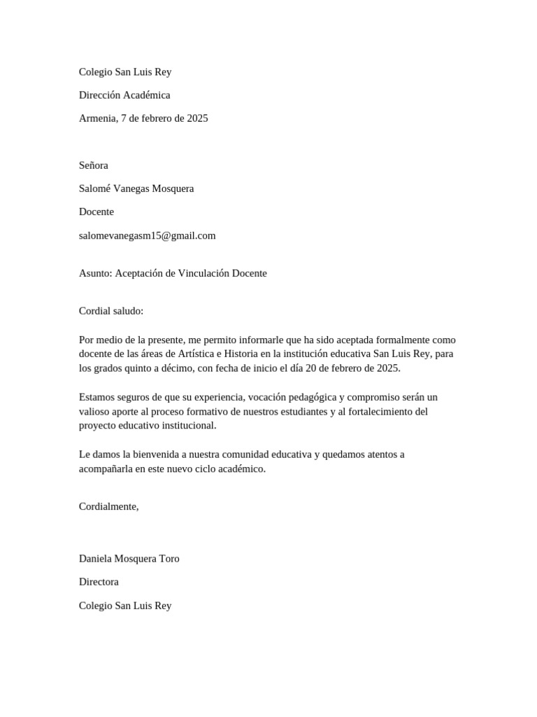 Carta Aceptacion Salomé Vanegas | PDF