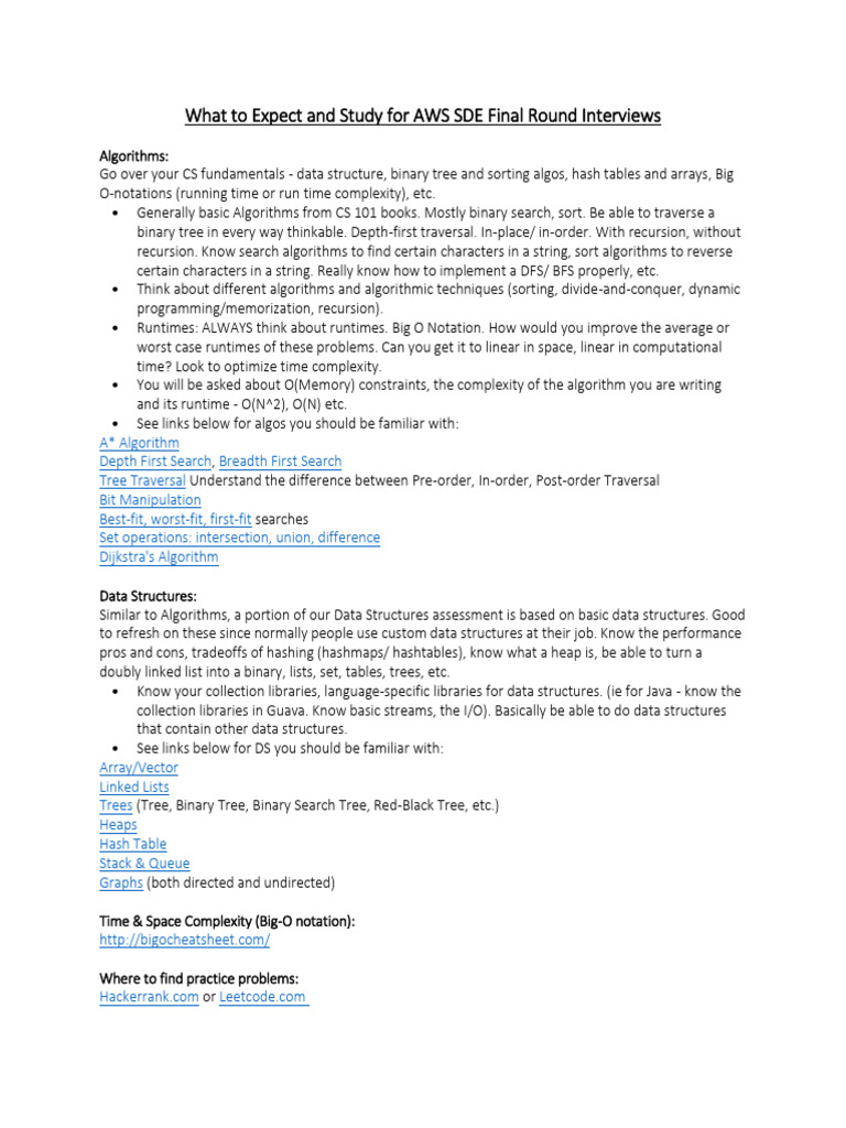 What To Expect - AWS SDE Final Round Interviews (All Levels) | PDF | Time Complexity | Computing