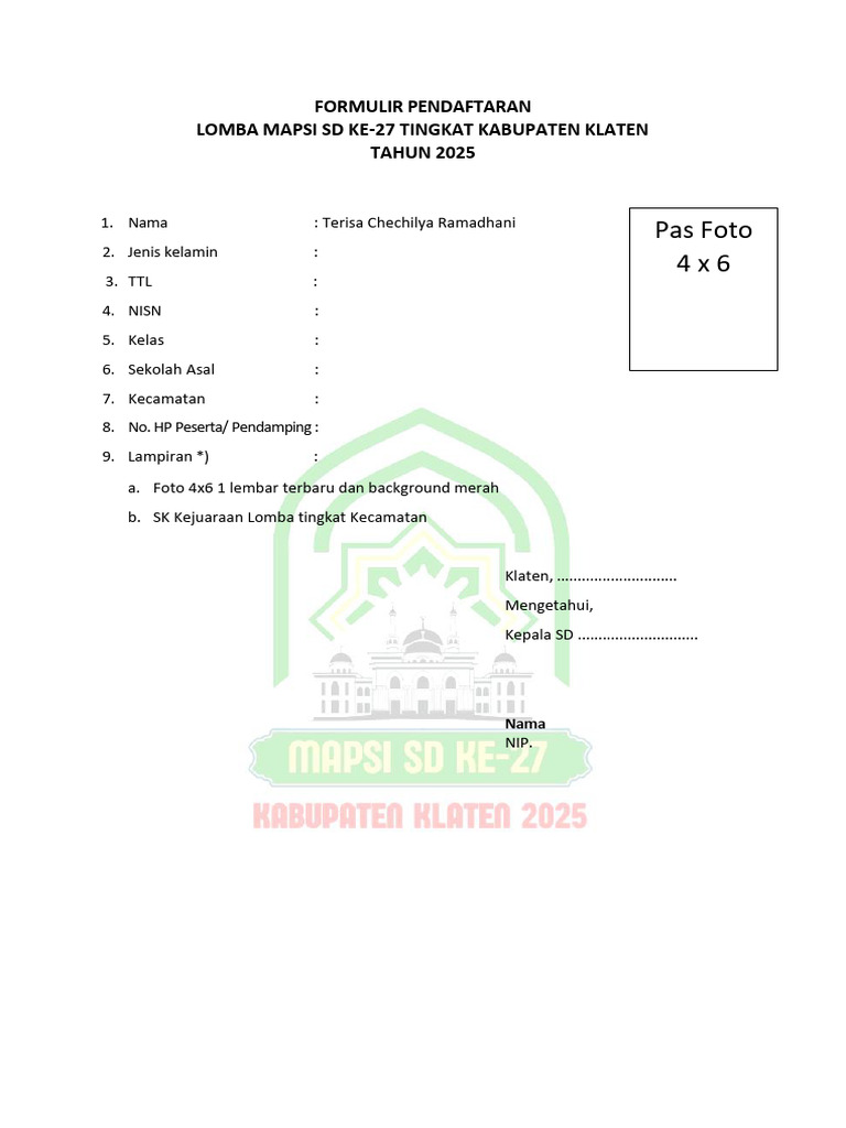 Formulir Lomba MAPSI SD 2025 Klaten | PDF