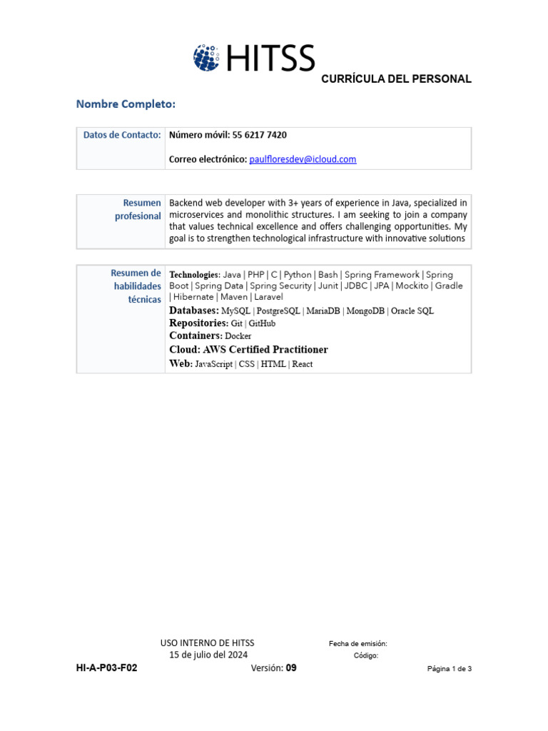CV Hitss 2025 Paul Flores | PDF | My Sql | Java (Programming Language)