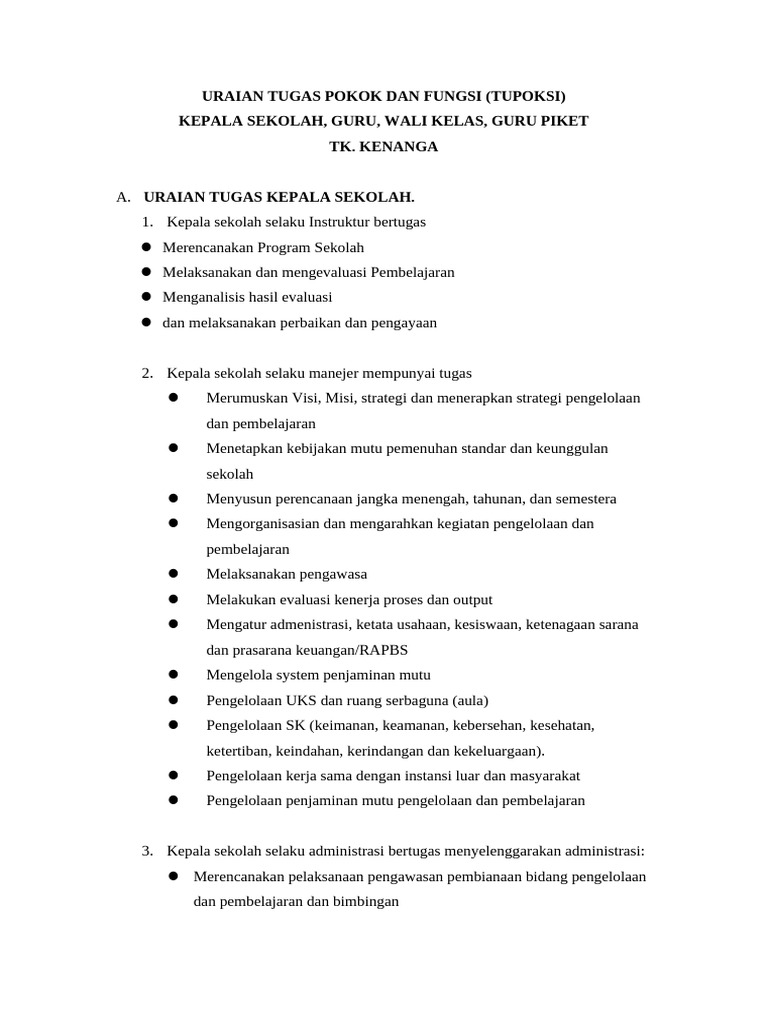 Tugas dan Fungsi Kepala Sekolah dan Guru TK | PDF
