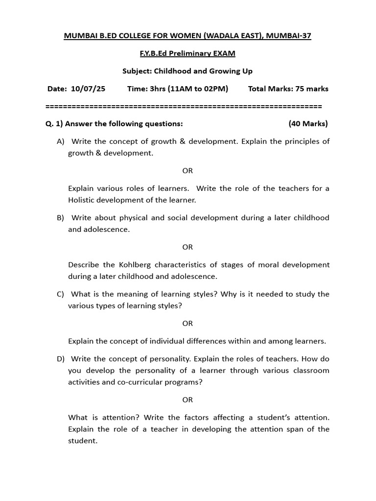 Childhood and Growing Preliminary Exam Paper | PDF | Learning | Adolescence