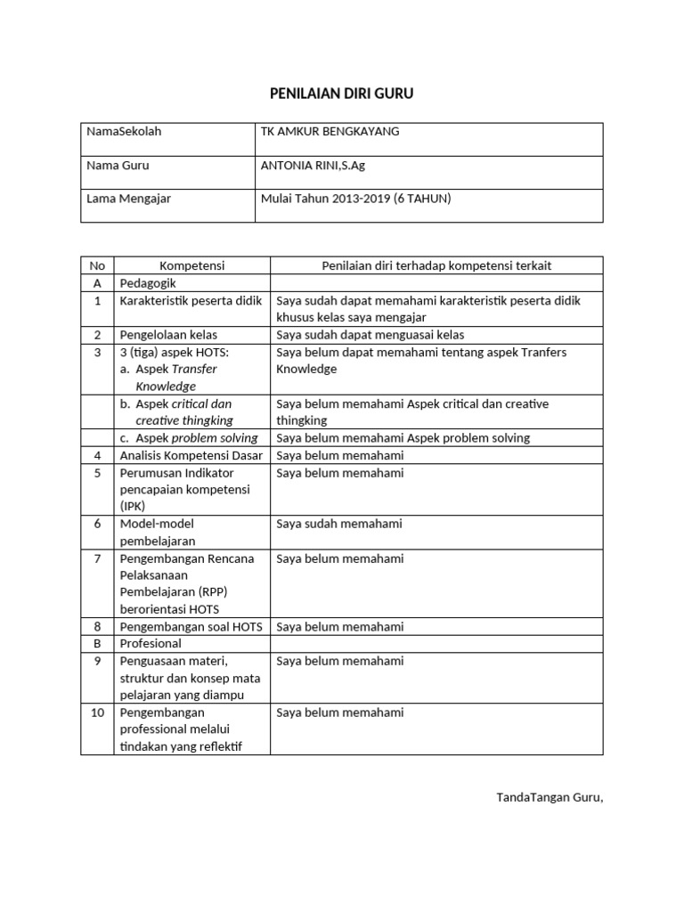 Instrumen Penilaian Diri Antonia Rini, S.ag | PDF