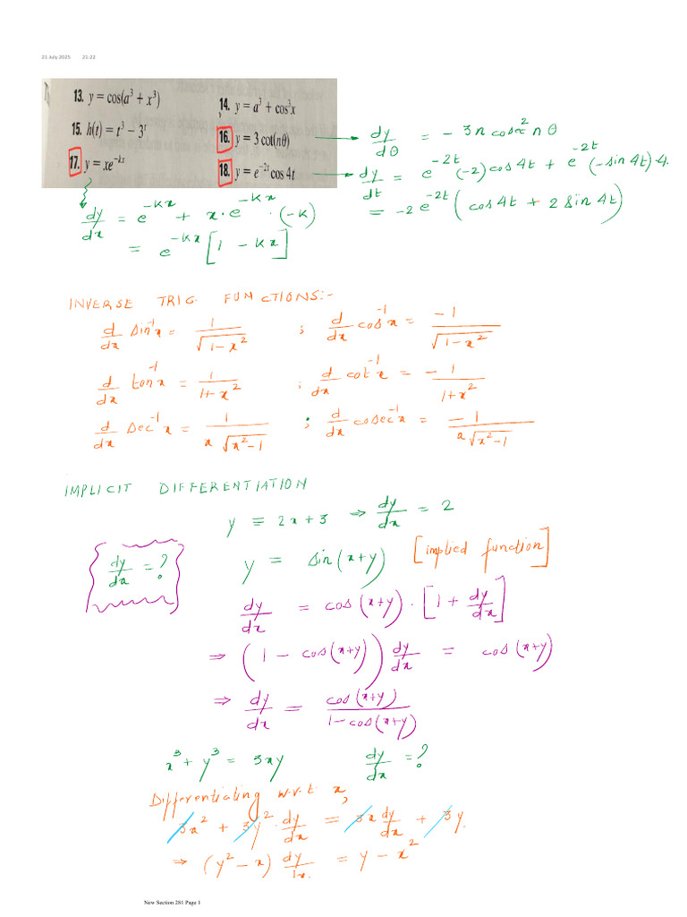 implicit differentiation and differentiation of inverse trigonometric functions_aaryav | PDF