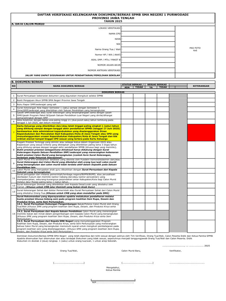 Daftar Ceklis Dokumen SPMB 2025 Upload | PDF