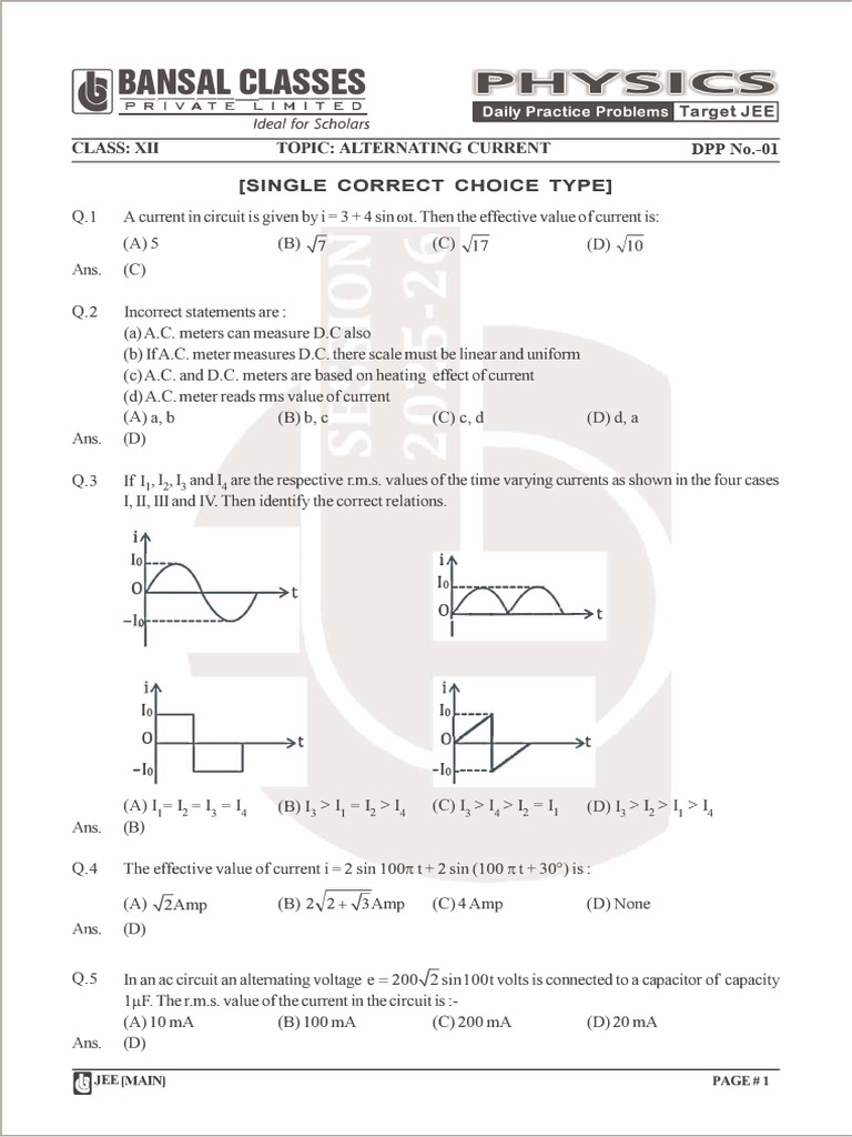 DPP-1 To 4 - Alternating Current-1 | PDF | Series And Parallel Circuits | Inductor