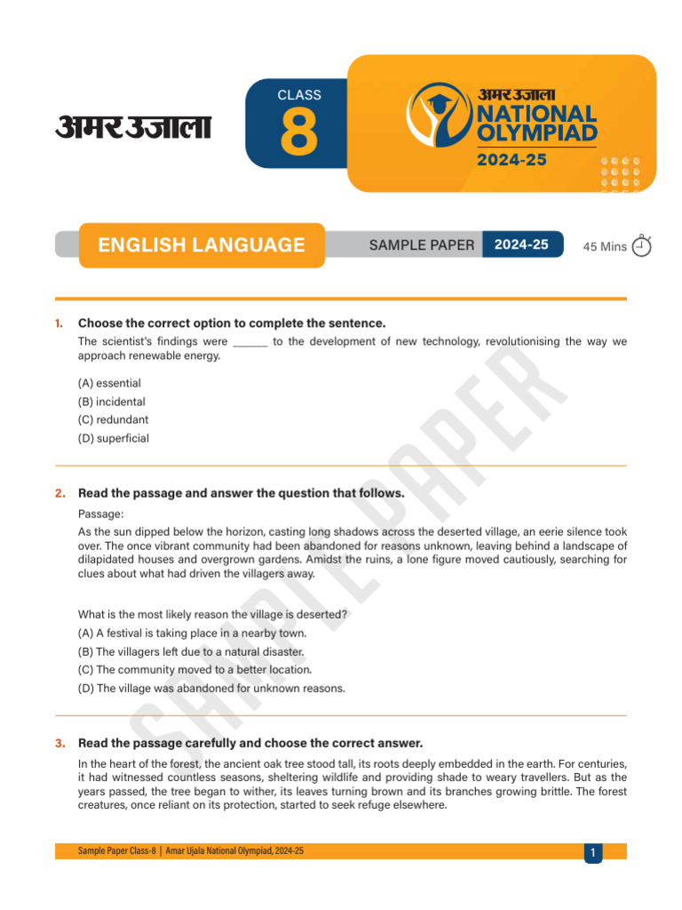 Amar Ujala National Olympiad Class 8th Sample Paper | PDF