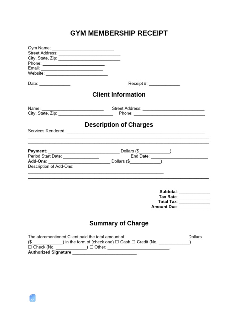 Gym Membership Receipt Template | PDF